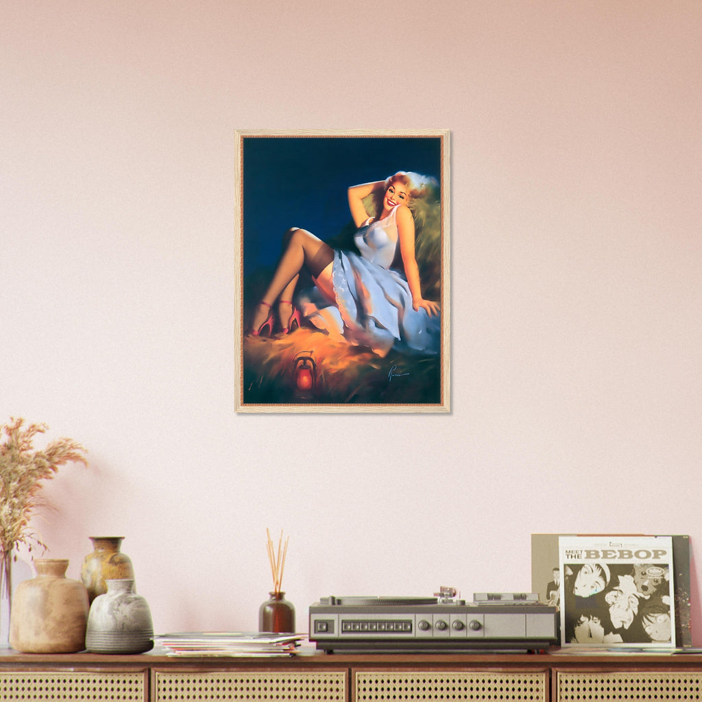 Pin Up Girl encadrée, talons aiguilles rouges, robe bleu clair - Edwar