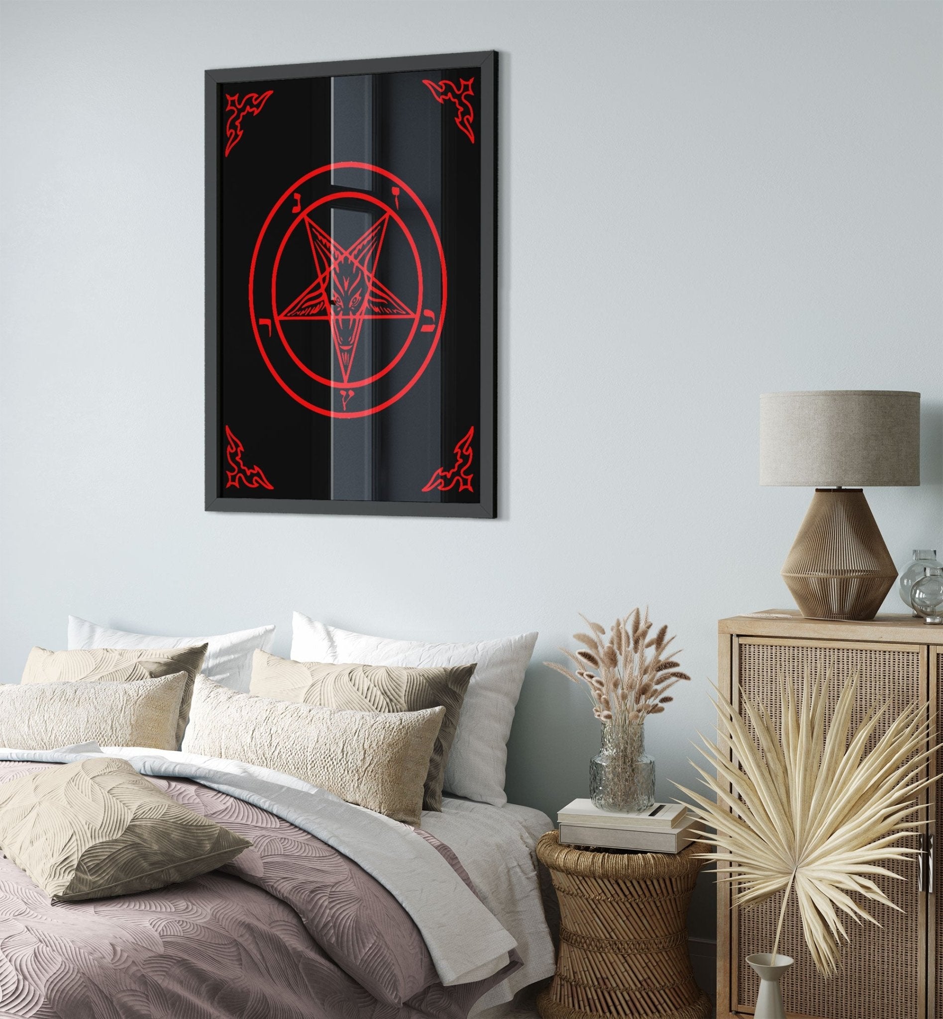 Satanic Goat Framed Red On Black - Sigil Of Baphomet Framed - Satanic