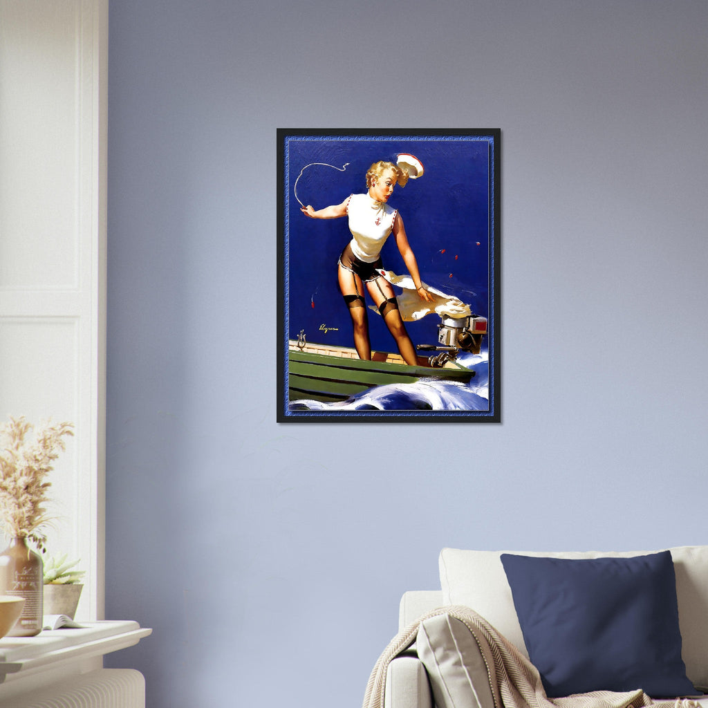 Vintage Pin Up Girl Framed, Gil Elvgren, Skirt Caught Motor - Vintage